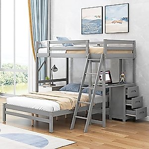 Twin Over Full Wood Bunk Bed Frame Loft Beds with Built-in Desk and Three Drawers, No Box Spring Needed, Gray