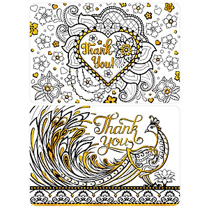 VICTORIA CHUKALINA PUBLISHING Thank you coloring postcards. Set of 20 coloring postcards on thick paper with gold foil accents on each card and rounded corners