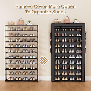10+1tier Shoe Rack with Cover, Tall Shoe Rack Organizer 40-50 Pairs Large Shoes Rack Storage Organizer Stackable Tall Shoe Shelf Storage Metal Tall Shoe Rack Shoe Organizer for Closet Entryway Garage