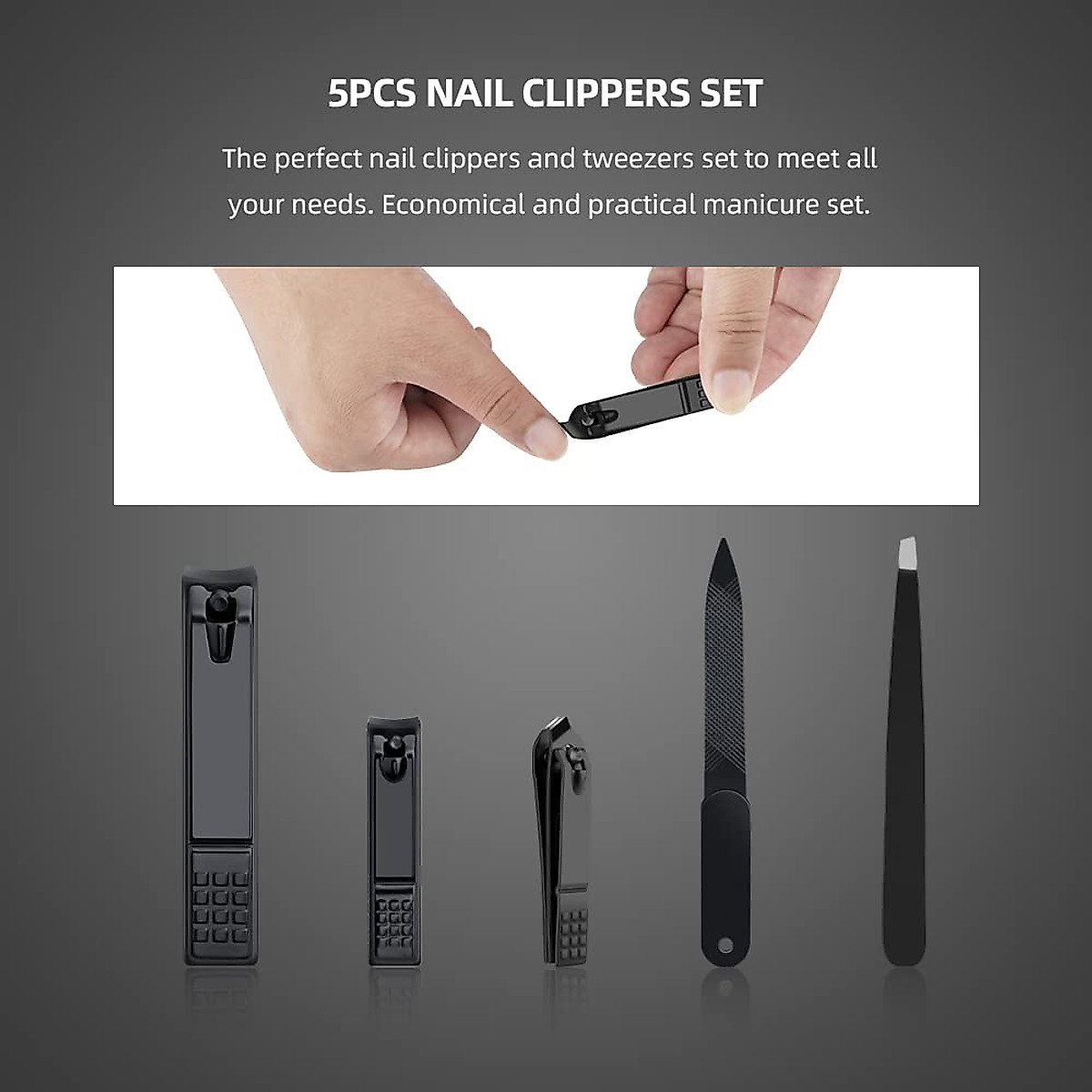 Nail Clippers Set Black Matte Stainless Steel Fingernail & Thick Toenail & Ingrown Nail Clippers & Tweezers & Nail file, Perfect 5 pcs Nail Clippers Cutter for Men and Women(Black)