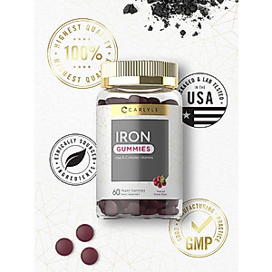 Carlyle Iron Gummies | Plus B-Complex Vitamins | 60 Vegan Gummies | Grape Flavor | Non-GMO, Gluten Free Supplement