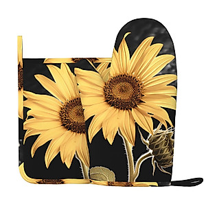Sunflower Printed Oven Mitts and Pot Holders Sets Heat Resistant Kitchen Oven Gloves Potholders Set Extra Long Non-Slip Silicone Gloves for Cooking Baking BBQ