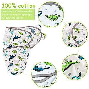 Miracle Baby Newborn Swaddle Blanket Adjustable Wrap Receiving Blanket Baby 100% Cotton Sleep Bag 0-3 Months 3-6 Months(0-3 Month,Dinosaur)