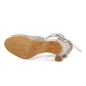 Minishion Women's Ankle Strap Beading Nude Satin Ballroom Dance Shoes Evening Sandals US 4