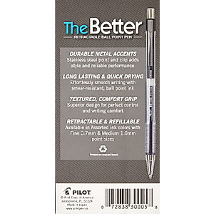 PILOT The Better Ball Point Pen Refillable & Retractable Ballpoint Pens, Medium Point, Black Ink, 12-Pack (30005)