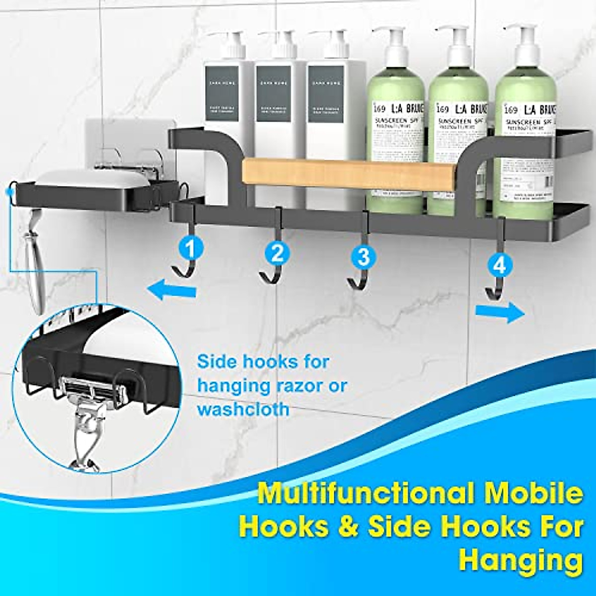 JONYJ Adhesive Shower Caddy 4 Pack, Shower Organizer with 12 Hooks and 2 Soap Holder, No Drilling Shower Shelf for Inside Shower, Kitchen Storage, Bedroom, Living Room, Bathroom