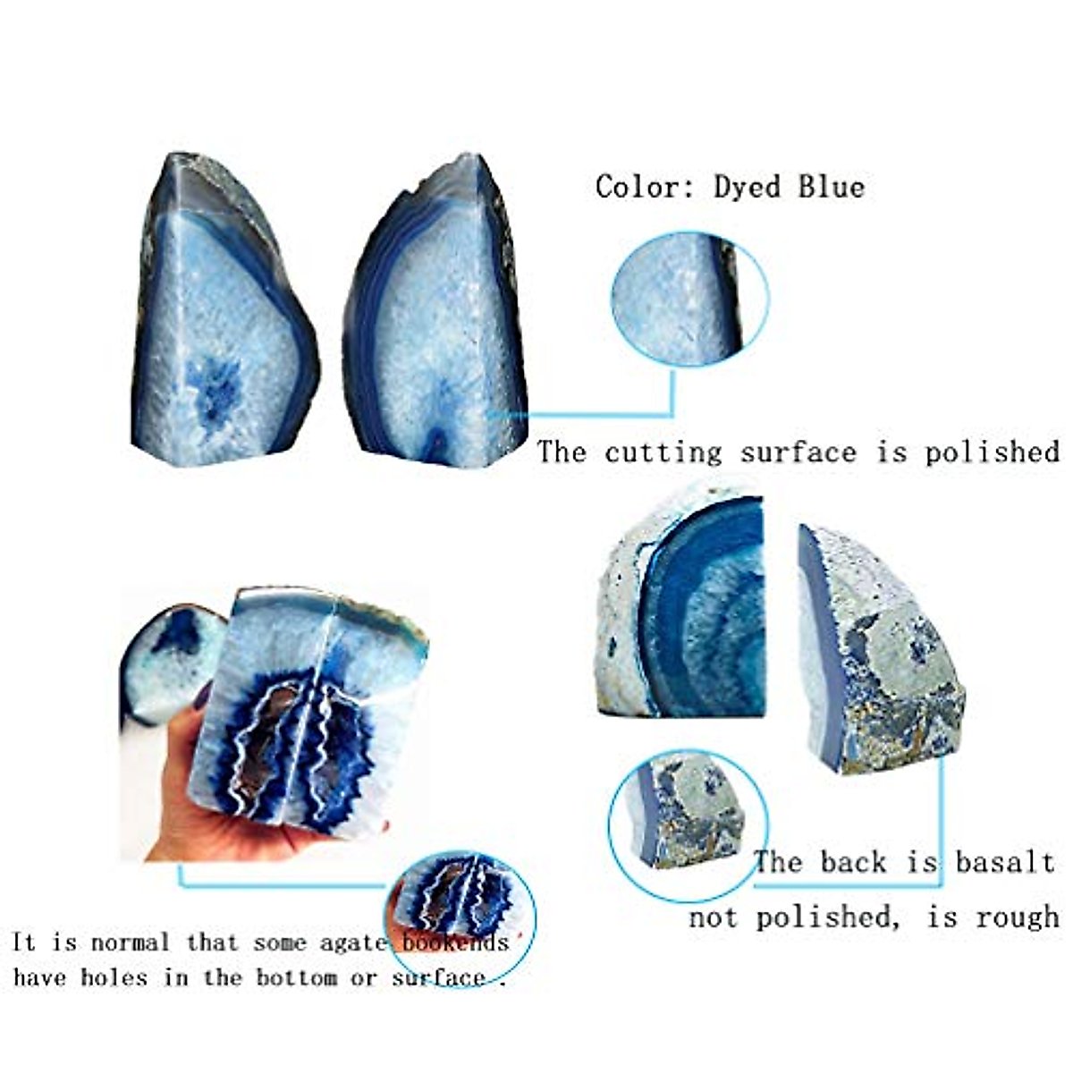 JIC Gem Dyed Blue Agate Bookends 2 to 3 Lbs Polished Geode 1 Pair with Rubber Bumpers for Office and Home Decoration Small Size