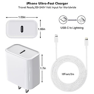 Fast iPhone Charger, Quick 10Foot USBC Wall Charger Phone Charger 2Pack 20W PD USB C Fast Charger Block + 10FT Lightning Fast Charging Cable for iPhone 14/Pro/Pro Max/Plus/13/12/11/XS/XR/X/SE2022/iPad