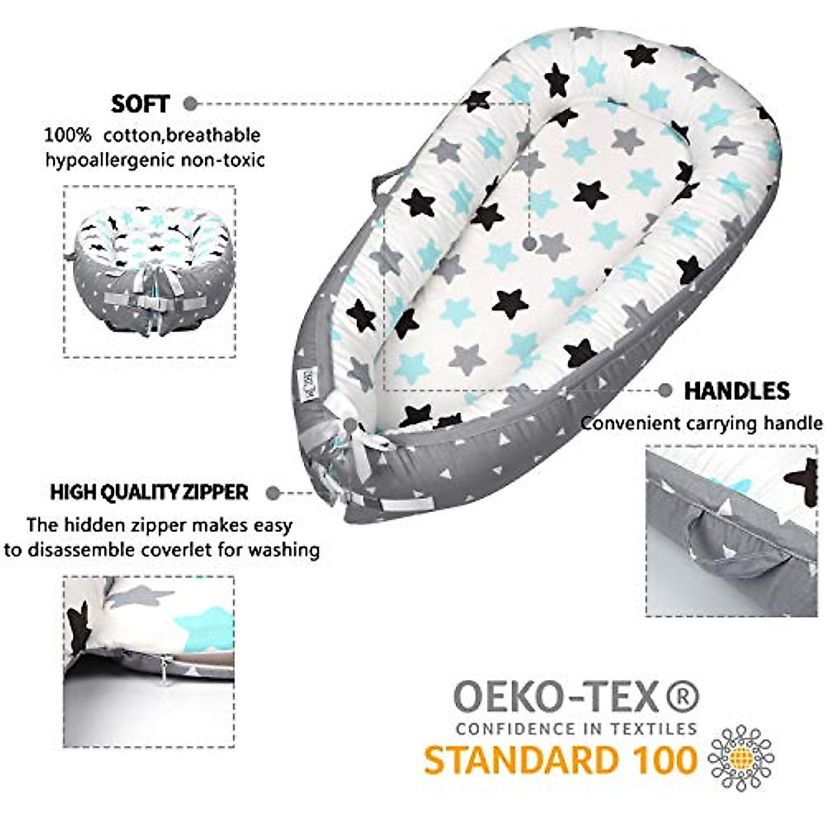 Baby Lounger,3D Air Mesh Tencel ,Ultra Soft 100% Cotton & Breathable Fiberfill Newborn Lounger, Portable Adjustable Infant Floor Seat for Travel- Newborn Essentials Baby Registry Sear (Stars)