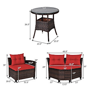 Tangkula 4-Piece Patio Furniture Set, C-Shape Outdoor Wicker Sectional Sofa Set, w/Cushions & Glass Coffee Table, Modern Deck Rattan Furniture for Garden Poolside Balcony (Red)