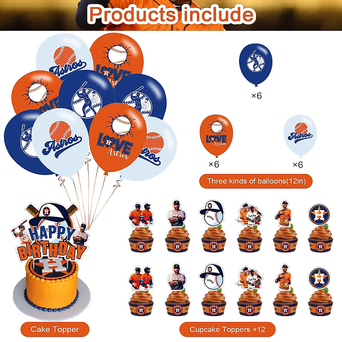 Astros Baseball Party Decorations,Birthday Party Supplies For Baseball Team Party Supplies Includes Banner - Cake Topper - 12 Cupcake Toppers - 18 Balloons