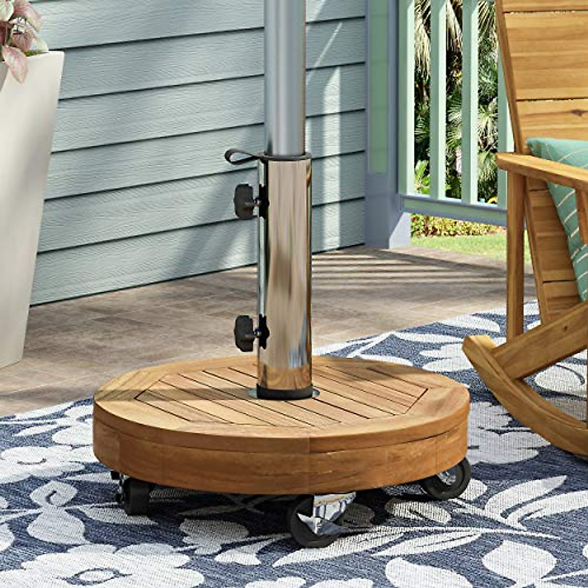 Christopher Knight Home 314641 Ralph Outdoor Umbrella Base, 17.75" D x 17.75" W x 17.00" H, Teak + Stainless Steel