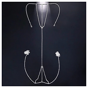 Sexy Rhinestone Thong Panties Underwear Crystal Panties G-string Summer Beach Belly Waist Chain Bikini Rhinestone Waist Body Chain for Women Body Jewelry (Silver)