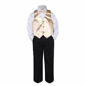 4pc Formal Baby Teens Boy Champagne Vest Bow Tie Black Pants Suit S-14 (2T)