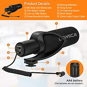 comica CVM-V30PRO Shotgun Microphone Professional Super Cardioid Video Recording Microphone with Wind Muff, Camera Microphone for Canon Nikon Sony DSLR Cameras,Camcorders,iPhone Smartphones