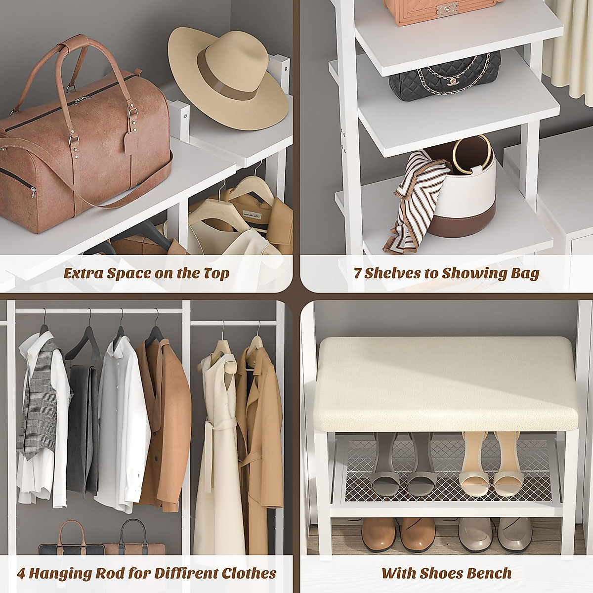 Aheaplus 8FT Closet Organizer Systems with 6-Drawers, 96'' Wood Closet Organizer with Storage for Walk In Closets, Clothing Rack Wardrobe Closet Garment Rack for Hanging Clothes, Bedroom, White