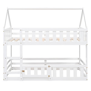 Merax House Bunk Bed Twin Over Twin, Modern Wood Floor Bunk Bed with Fence and Door, for Boys Girls Teens, White