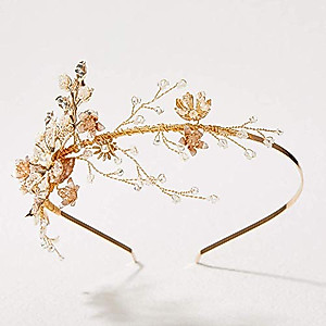 SWEETV Flower-Leaf Bridal Headband Gold Crystal Tiara for Women Pearl Wedding Headpieces for Bride Hair Accessories for Prom Birthday Party