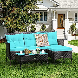 Acquire 3 PCS Patio Rattan Furniture Set 3-Seat Sofa Cushioned Table Turqouise Suitable for Poolside, Backyard and Garden, Etc