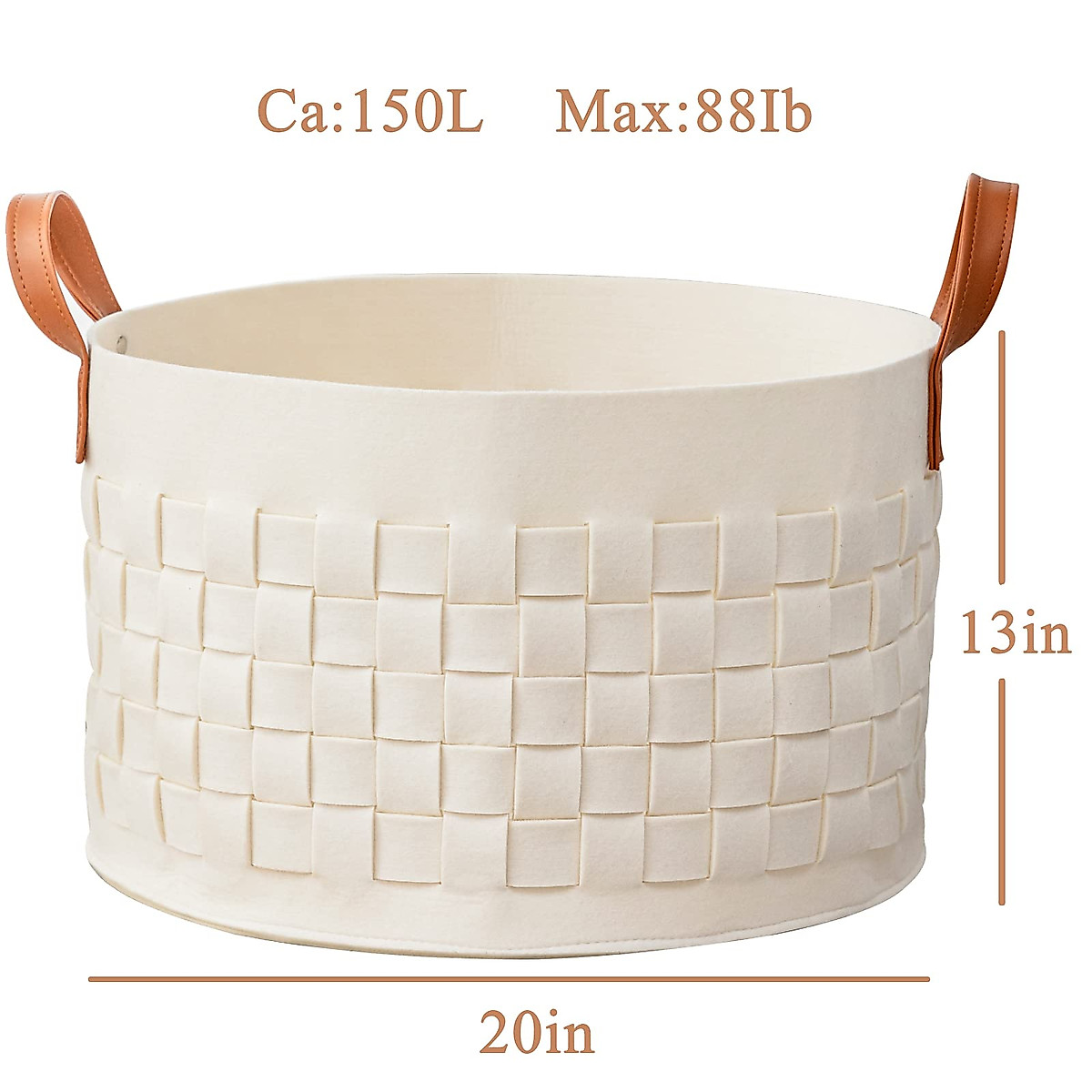 BOLDMONEKY Blankets Basket 20”x20”x11.8”, Large Round Laundry Hamper with Leather Handle, Soft Dog Toy Woven Basket for Storage-Beige