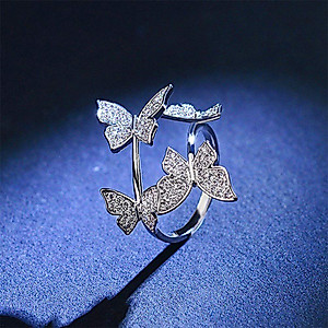 YERTTER Dainty Iced Out Butterfly Ring Layered Rhinestone Butterfly Ring Tail Ring Finger Ring Open Chic Ring for Women (Silver)