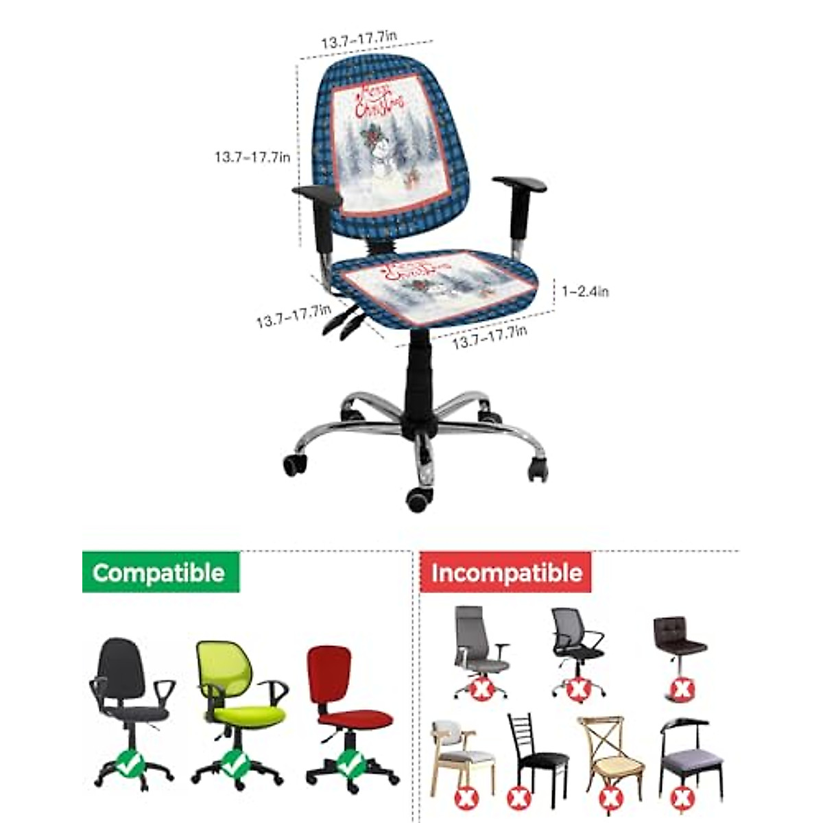 Christmas Plaid Snowman Office Chair Cover Stretchable Computer Chair Seat Cover Backrest Slipcovers, Stretchable Rotating Desk Chair Seat Cushion Split Protectors Buffalo Snowflake Snow Tree