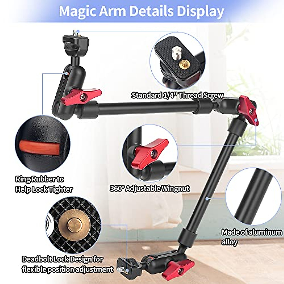JINSUI 22inch Adjustable Articulating Magic Arm and Super Clamp with 1/4" and 3/8" Thread, Magic Arm Camera Mount with Phone Holder and 3/8" 5/8" Screw Adapters for Microphone, Webcam, LED Light