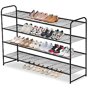 AOODA 4 Tier Long Metal Shoe Rack for Closet Wide Stackable Shoe Organizer for Entryway, Bedroom, Floor, Holds 30 Pairs Men Sneakers Large Shoe Storage Shelf with Wire Grid, Black