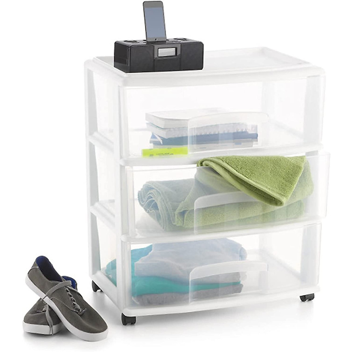 JjoiAs Plastic Storage Drawer Cart, Medium Home Organization Storage Container with 3 Large Clear Drawers With Wheels, White