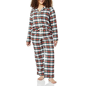 Amazon Essentials Women's Flannel Long-Sleeve Button Front Shirt and Pant Pajama Set, Red Tartan, Large