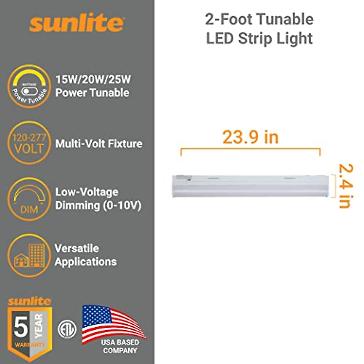Sunlite 85463 2-Foot LED Strip Light Fixture, Power Selectable 15W/20W/25W, Multi-Volt, 1950/2600/3250 Lumens, Color Selectable 30K/35K/40K/50K, Dimmable, ETL Listed, for Residential & Commercial Use