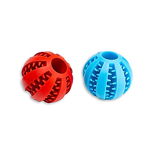 Indestructible Rubber Dog Ball- Two Pack Red and Blue - Interactive Treat Holder for Extreme Chewers - Durable Dog Toy