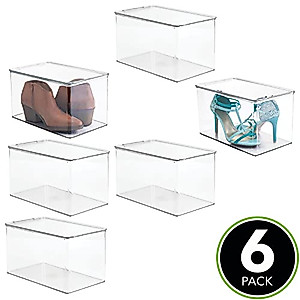 mDesign Stackable Plastic Closet Storage Container Bin Box with Hinge Lid for Organizing Shoes, Booties, Pumps, Sandals, Wedges, Flats, Heels - Lumiere Collection - 6 Pack - Clear