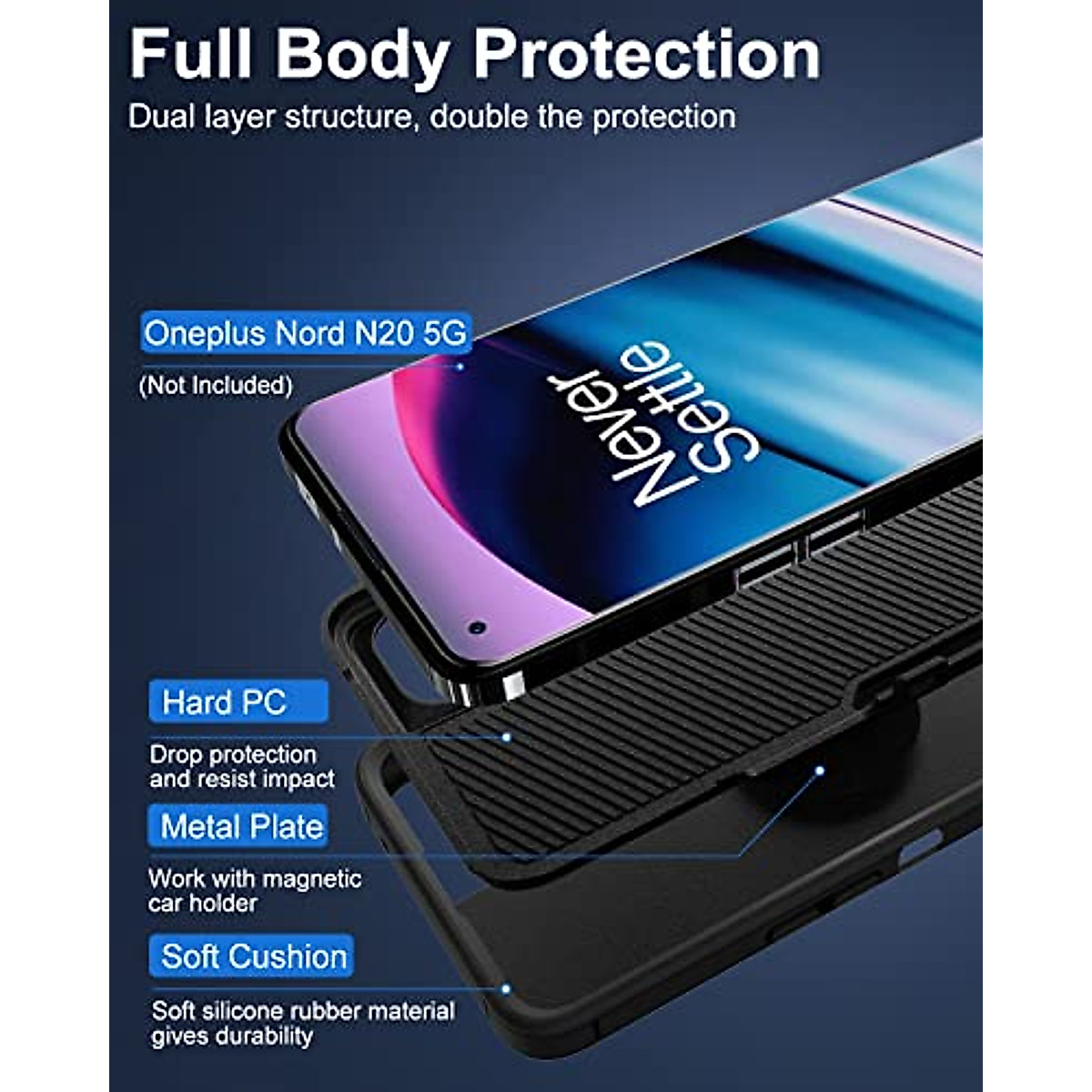 Dahkoiz for Oneplus Nord N20 5G Case, [Built-in Dustproof Cap],[Work with Magnetic Car Mount], Full Body Protection Silicone Rubber Protective Cover Phone Case for Oneplus Nord N20 5G, Black/Black