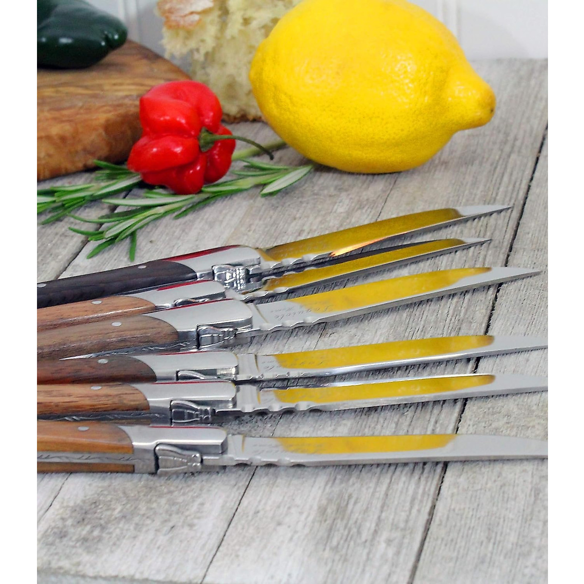 French Home Set of 6 Laguiole Connoisseur Assorted Wood Steak Knives, Multicolor