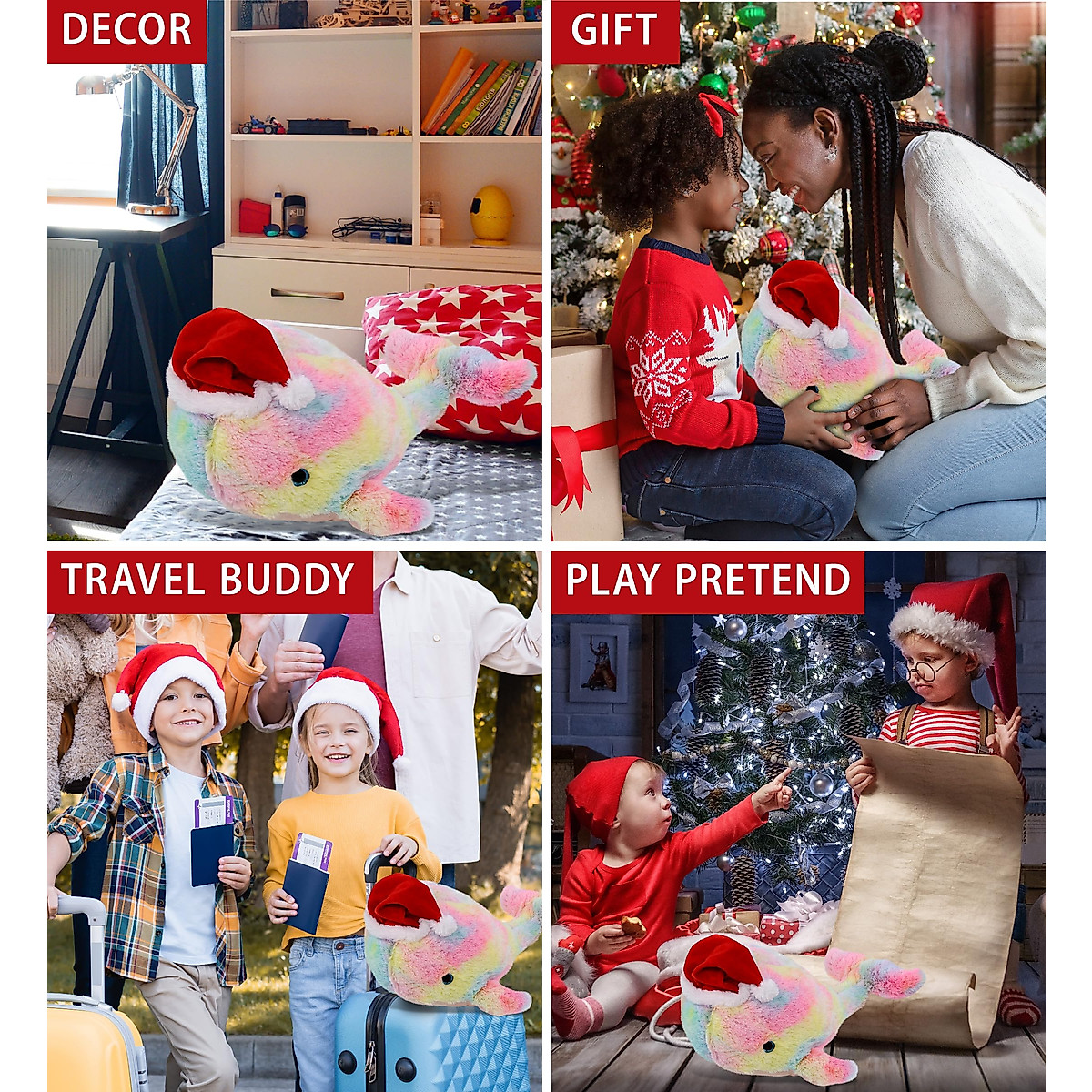 DolliBu Santa Extra Large Rainbow Whale Stuffed Animal Plush Toy - Wild Animal Dress Up with Red Santa Claus Hat, Wildlife Gift, Perfect Holiday with Name Personalization - 15 Inches