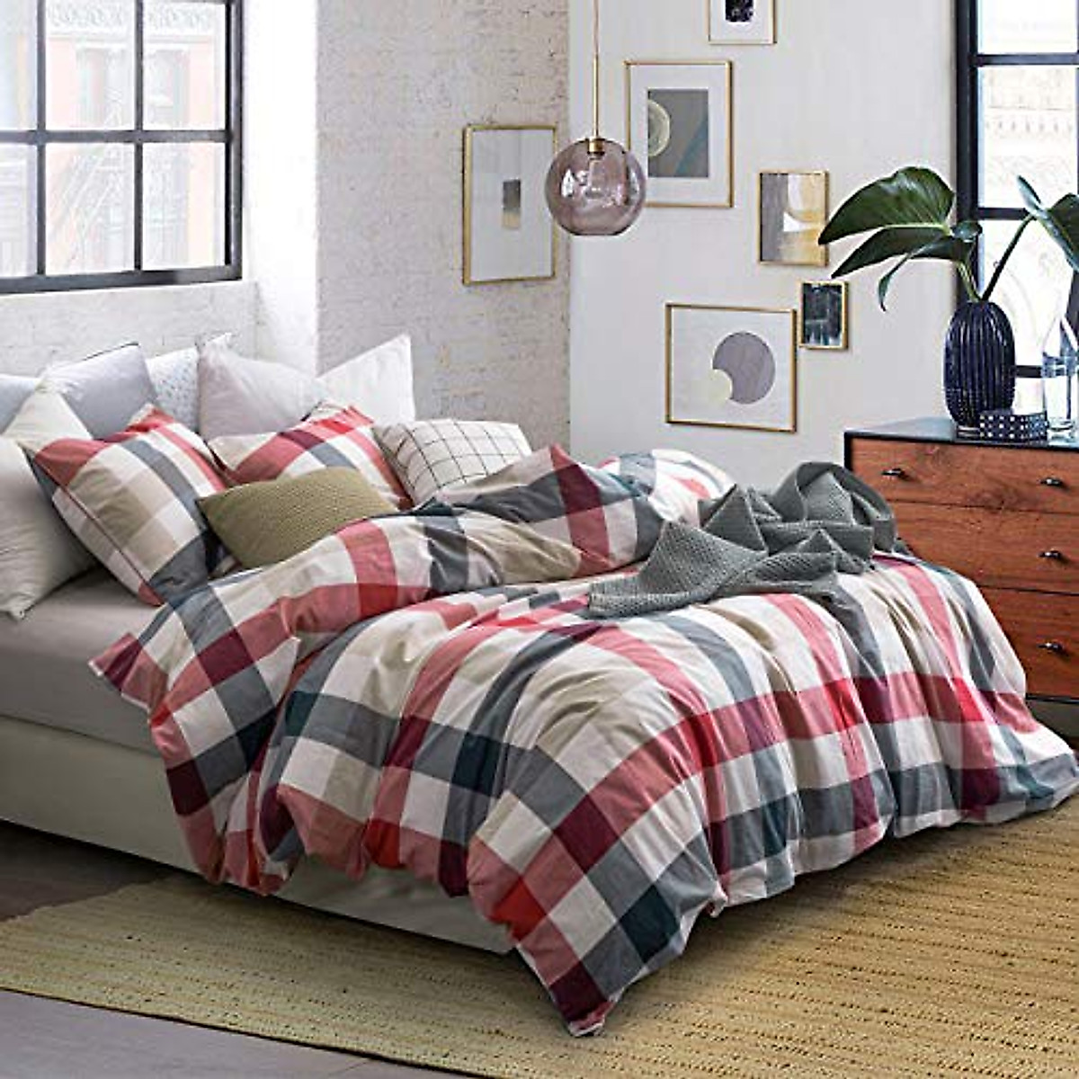 ECOCOTT 3 Pieces Duvet Cover Set Queen 100% Washed Cotton 1 Duvet Cover with Zipper and 2 Pillowcases, Ultra Soft and Easy Care Breathable Cozy Simple Style Bedding Set(Red,Blue and White Grid)