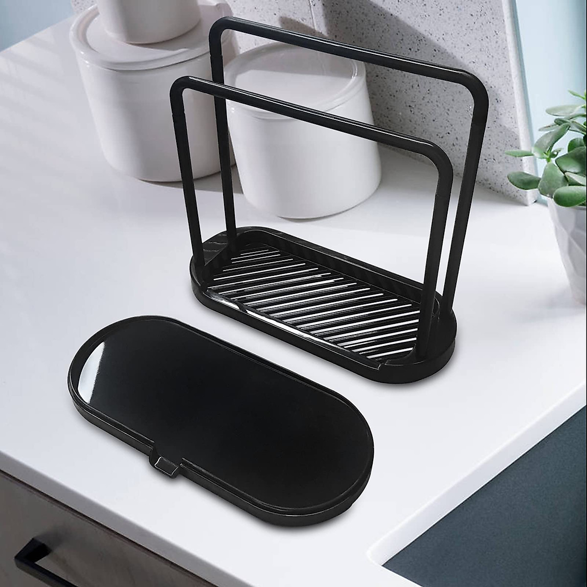 3 in 1 Sponge Holder Sink Caddy, Dish Cloth Hanger + Soap Rack + Sink ，with Drain Pan, for Kitchen Sink or Bathroom Storage,Sponge Brush Soap Dish Dishcloth RackStopper Holder