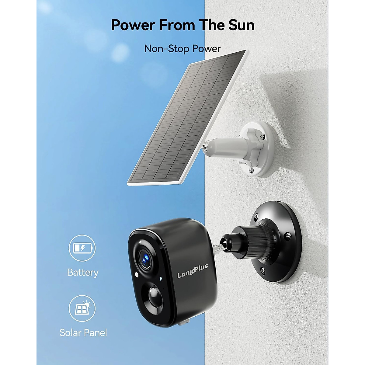 LongPlus Solar Camera, Solar Powered Outdoor Camera Wireless WiFi, No Monthly Fee, AI Detection, WiFi Home Surveillance Camera Outside with Solar Panel, Color Night Vision (Black-Solar-2MP-2Pack)