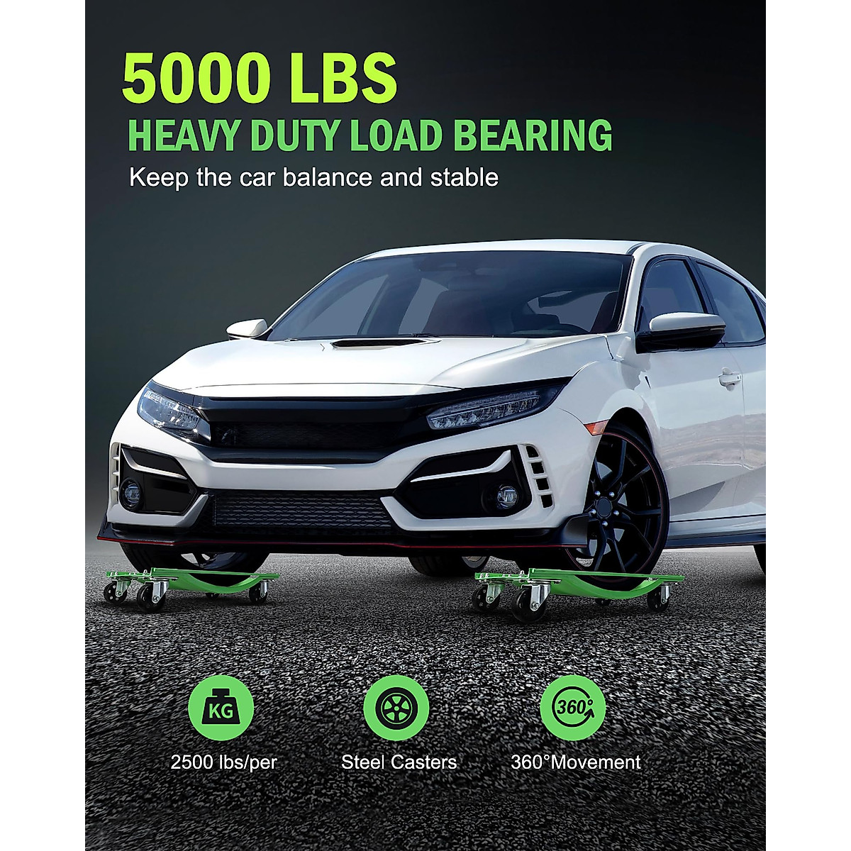 GarveeTech 5000lbs Car Wheel Dolly Set of 2, Vehicle Rollers Dolly for Moving Car with Heavy Duty 3.5 Inch Steel Wheels, 23.8in x 14.4in