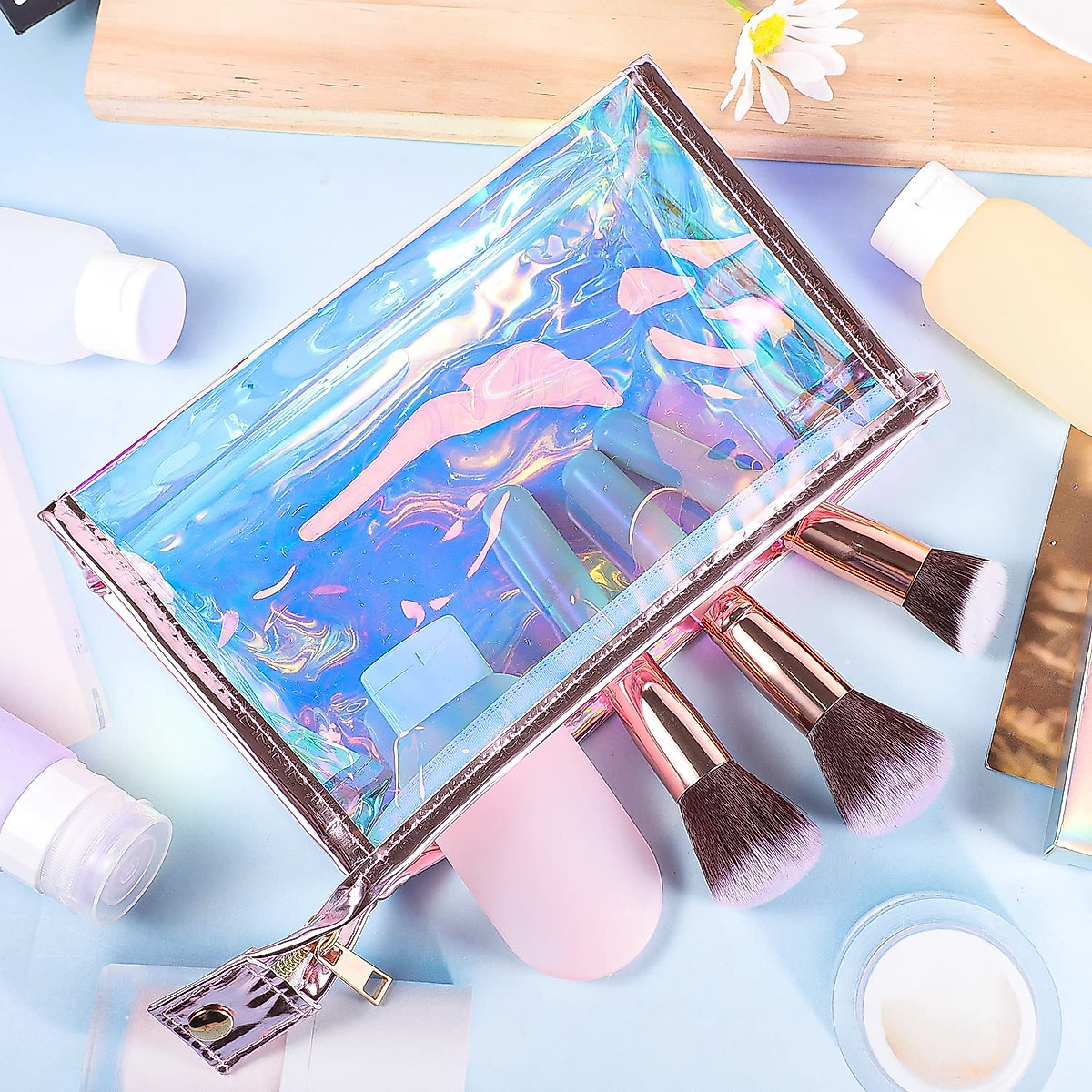 BESARME 10 Pcs Holographic Makeup Bags Bulk, Stocking Stuffers for Women Clear Portable Zippered Toiletry Bag Waterproof Cosmetic Bags Christmas Gifts for Women in Bulk