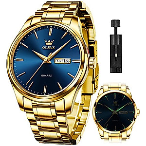 OLEVS Mens Gold Watches Analog Quartz Business Dress Watch Day Date Stainless Steel Classic Luxury Luminous Waterproof Casual Male Wrist Watches Blue Face