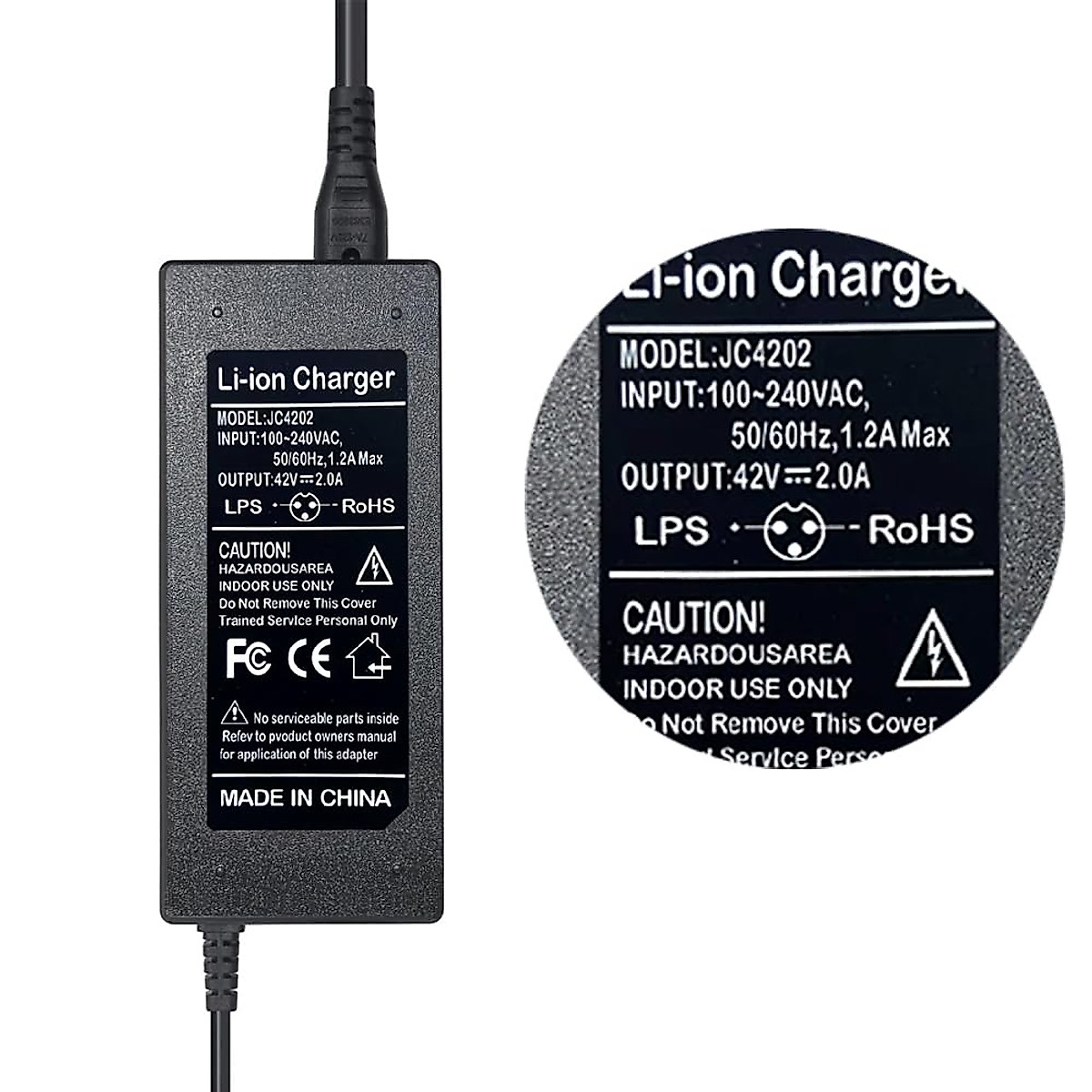 42V 2A Charger 5 Plugs for Scooter 36V Lithium Battery, Pack DC 5.5 * 2.1 with 8mm 3 Prong Connector /12mm 3 Prong Connector /8mm RCA Connector/ 3-Pin Male XLR Connector