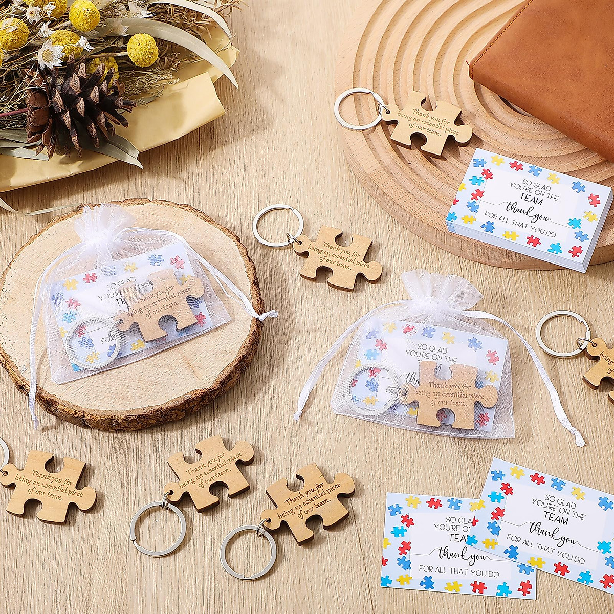 Resurhang Employee Appreciation Gifts Wooden Puzzle Keychain Staff Greeting Cards Thank You Team Building Gifts for Coworkers(50 Set)