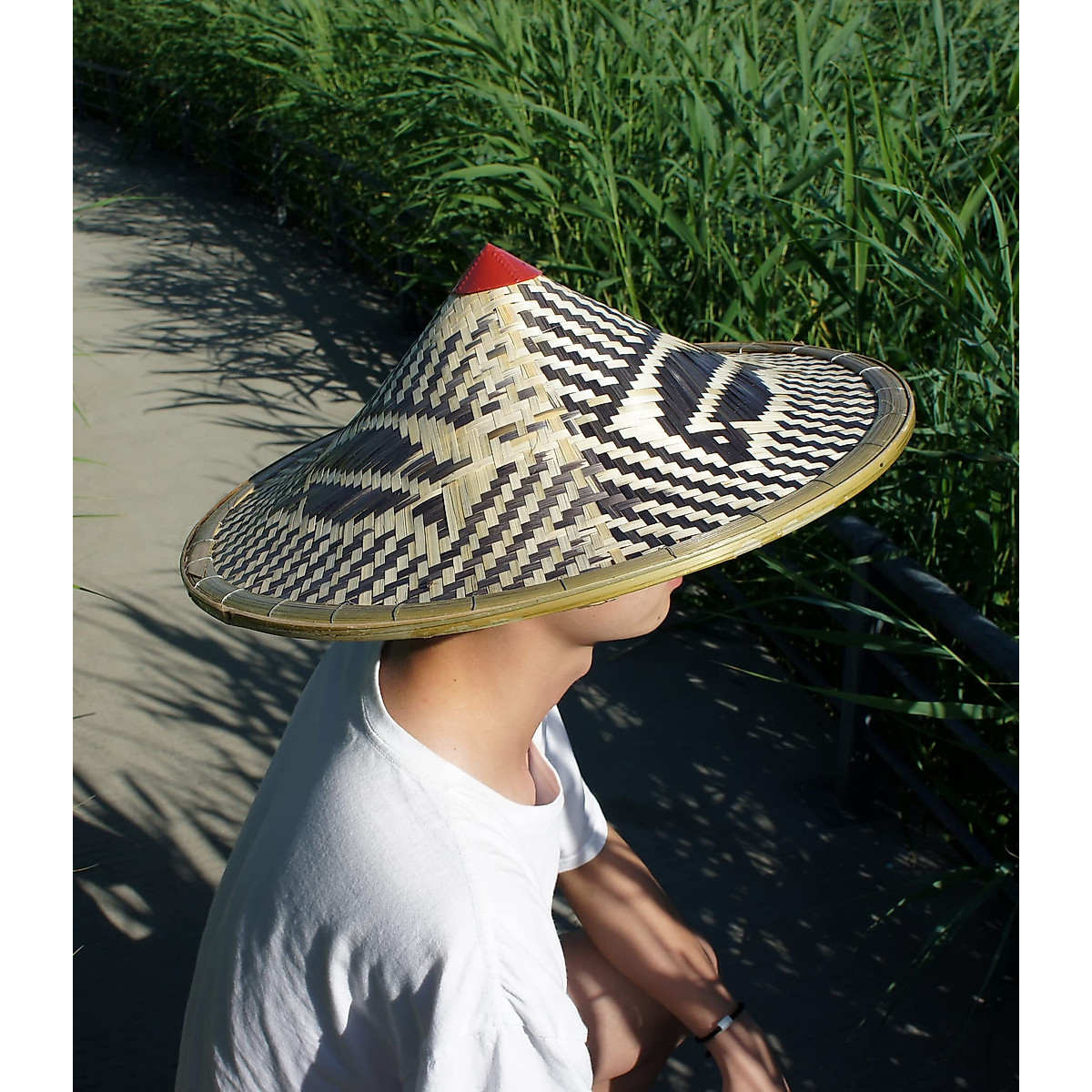 xihexi Chinese Bamboo Hat Oriental Asian Japanese Garden Fish Conical Cap Dia.19 Inch