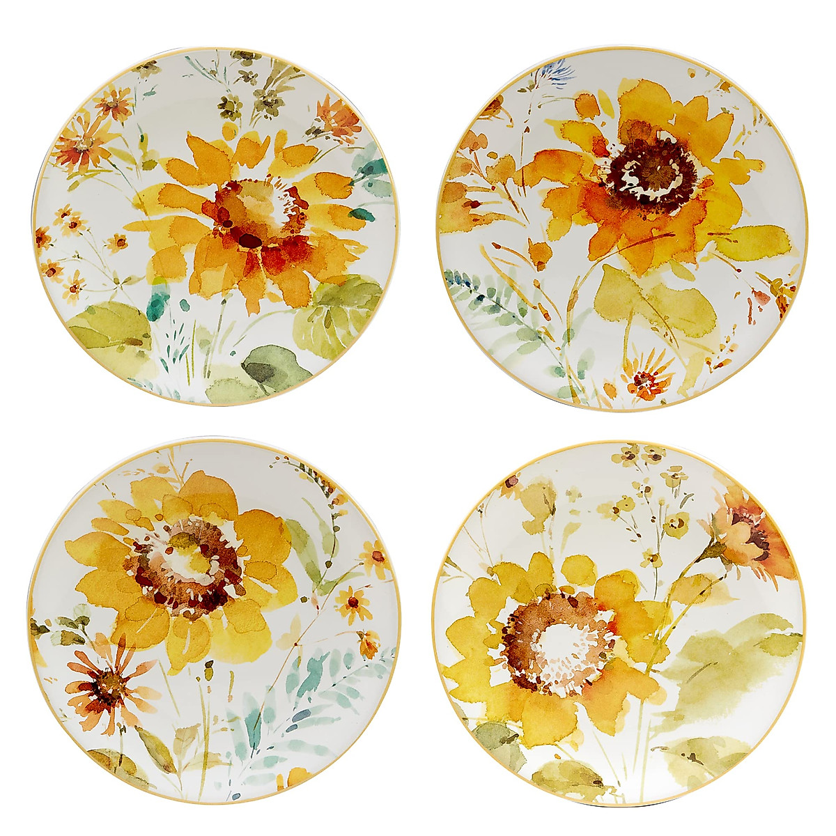 Certified International Sunflowers Forever, Salad/Dessert Plates, Multicolored, 9" x 9", Set of 4