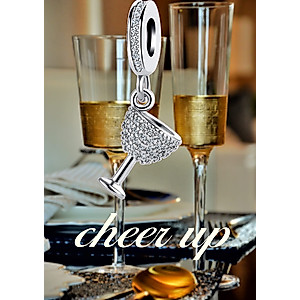 QeenseKc Cocktail Wine Wine Glass Cup Dangle Charm Cheer Pave Cubic Zirconia Bead for Pandora Bracelet , Copper,Wine