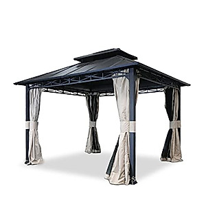 ZGJHFF 12 Ft. X 10 Ft. Black 2-Tier Double Roof Metal Hard Top Gazebo with Curtains and Netting