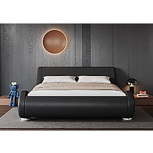 Allewie King Size Upholstered Platform Bed Frame with Ergonomic & Adjustable Headboard, Low Profile Sleigh Design for Elegant Bedroom - No Box Spring Needed, Easy Assembly, Black