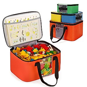 Rexmica Large Toy Storage Organizer with 3 Small Zipper Bags Compatible with Lego Bricks, Travel Organizer Case for Building Blocks, Car Toy, Dolls, Crafts, Magnetic Tiles, Board Game Storage Case